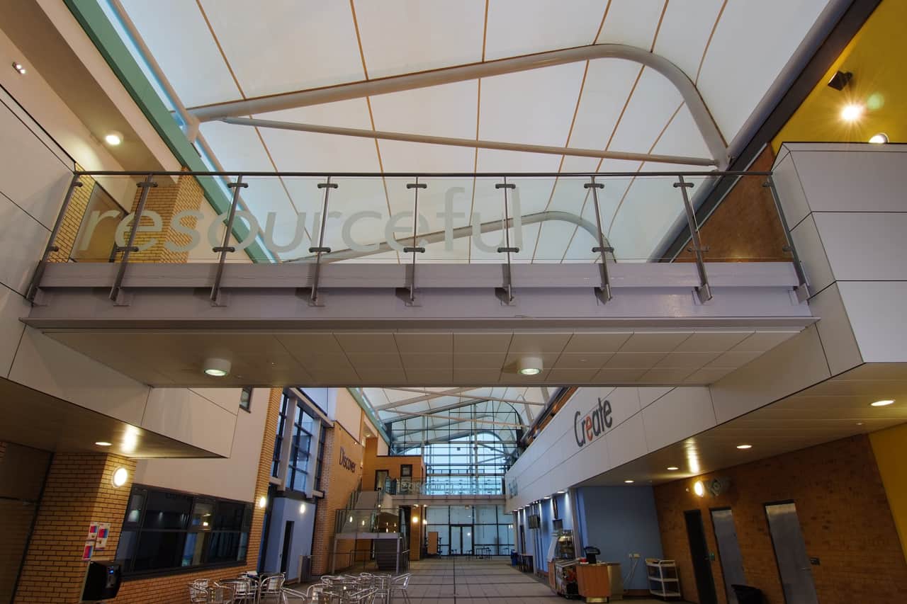 Feature fabric roof covering school atrium - Architen Landrell