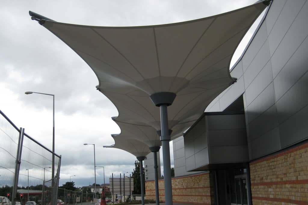 Conjoined PVC inverted umbrella canopies - Architen Landrell
