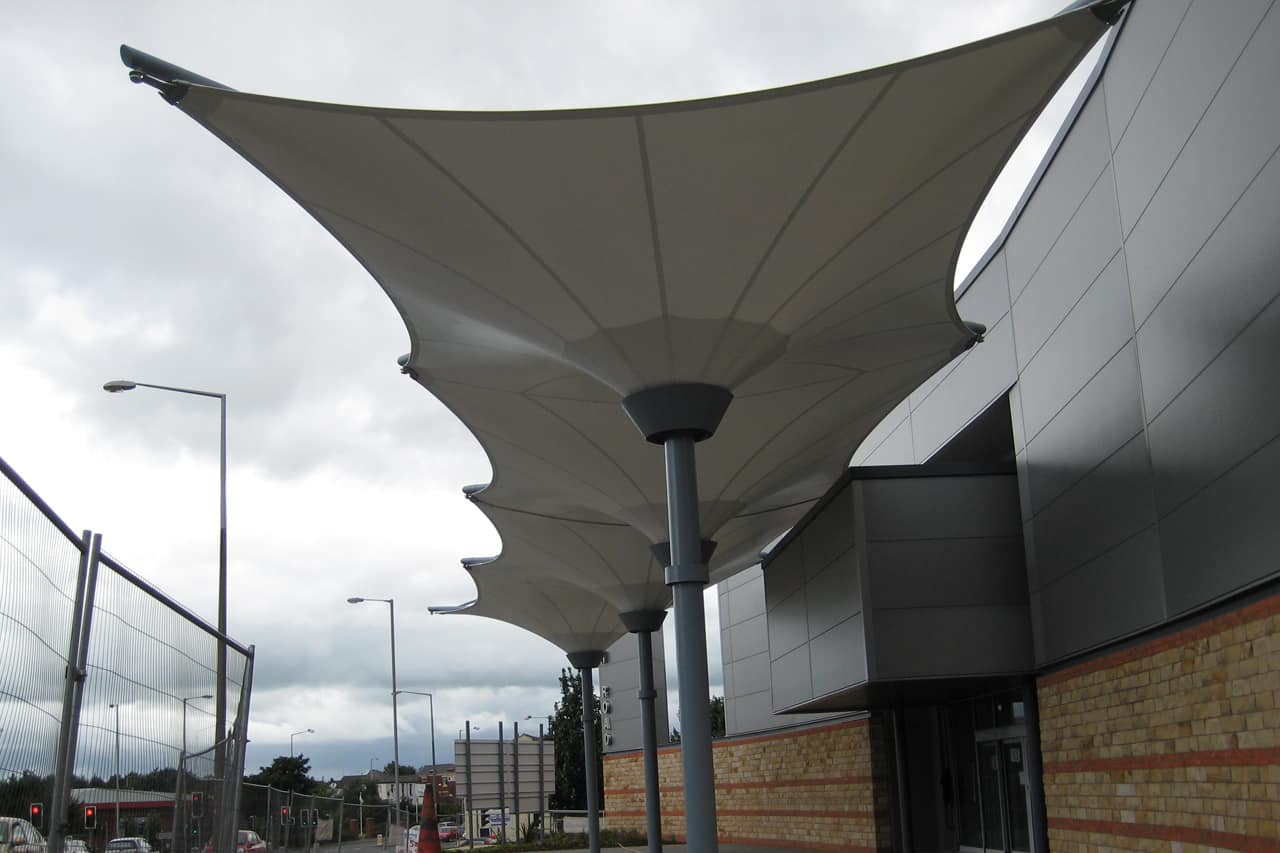 Conjoined PVC inverted umbrella canopies - Architen Landrell