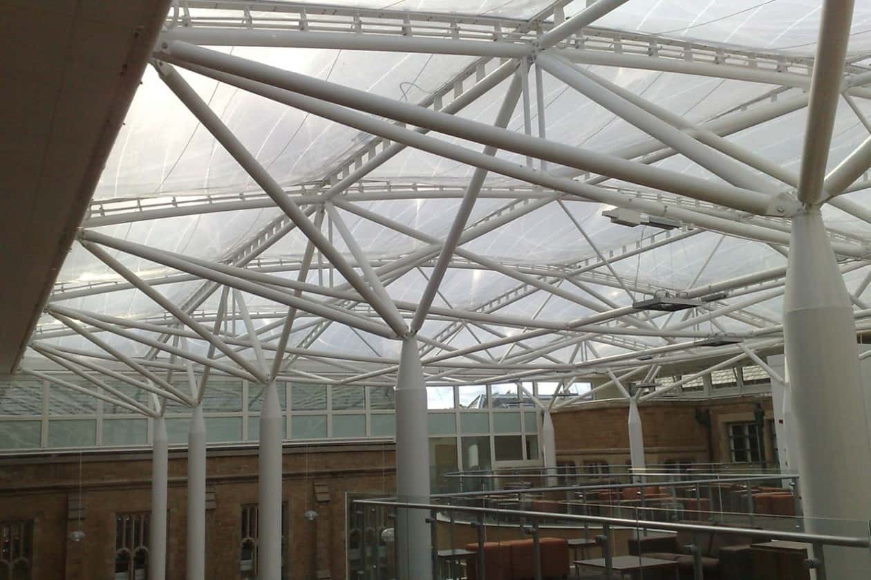 Tensile fabric roof covering school atrium - Architen Landrell