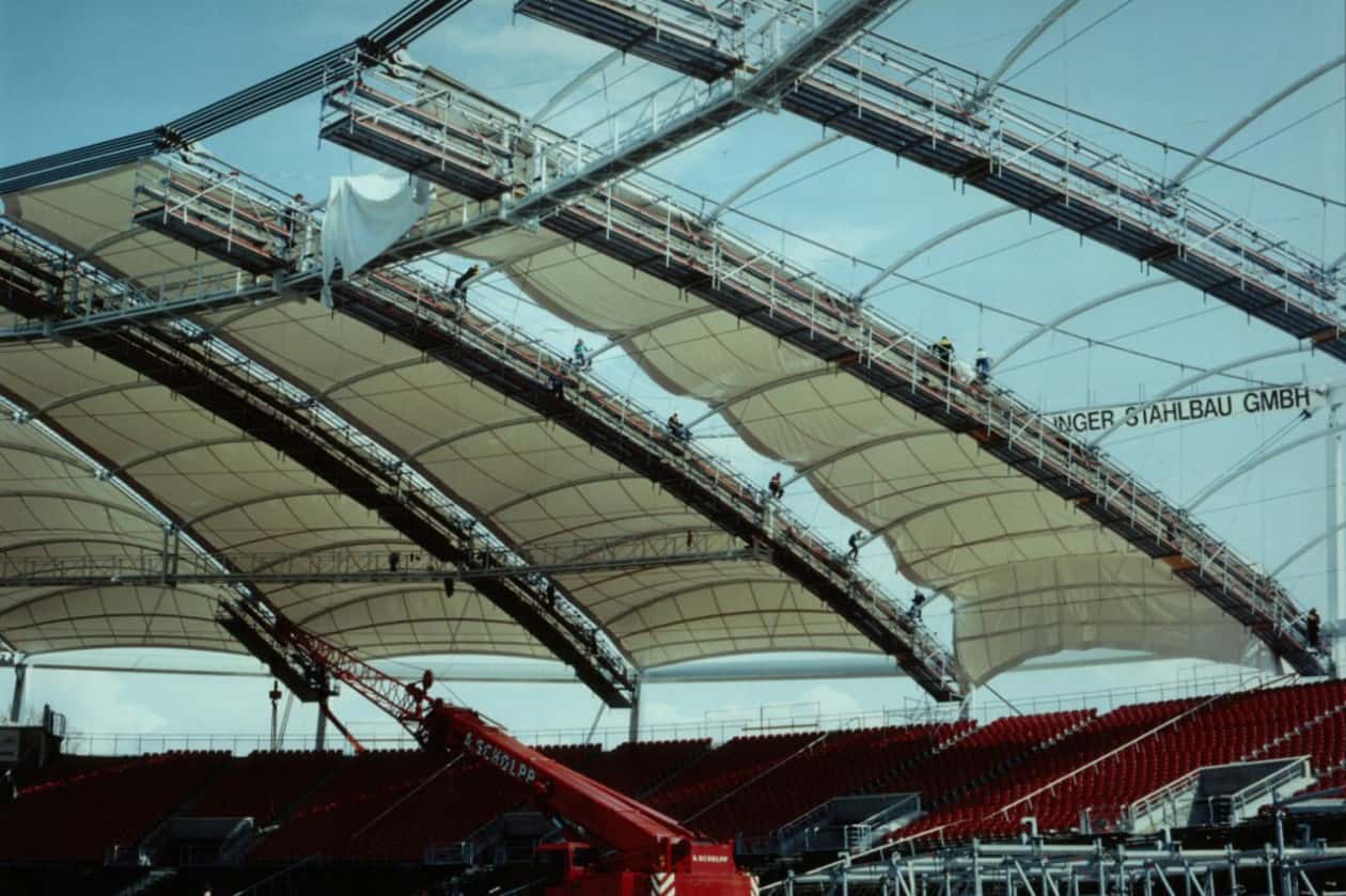 Fabric canopies over stadium seating - Architen Landrell